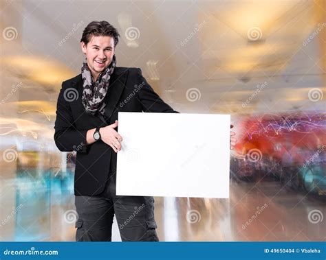 Smiling Handsome Man With Big Blank Board Stock Photo Image Of
