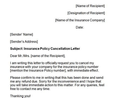 Insurance Cancellation Letter Format