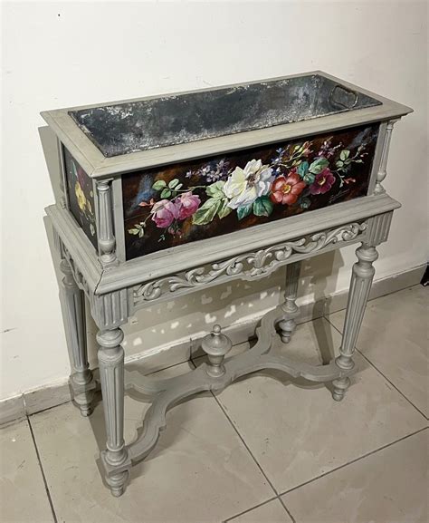 Proantic Jardinière Laquée Grise Style Louis XVI à Décors Peint D
