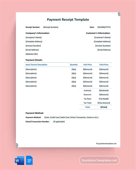 Payment Receipt Template Word Google Docs