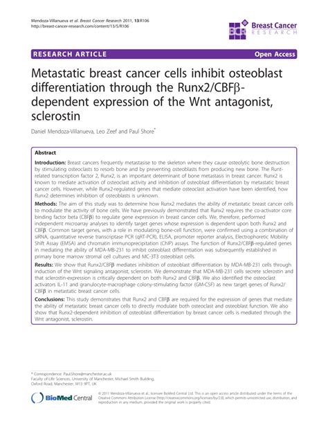 Pdf Metastatic Breast Cancer Cells Inhibit Osteoblast Differentiation