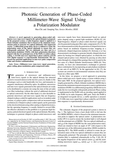 Pdf Photonic Generation Of Phase Coded Millimeter Wave Signal Using A