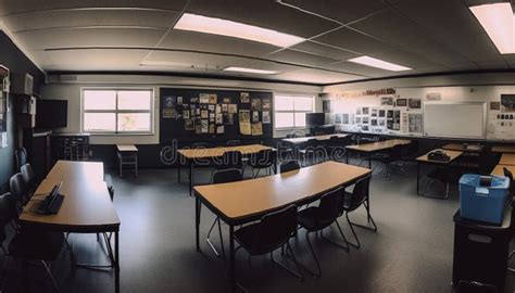 Modern Classroom With Empty Chairs And Desks Wooden Flooring And