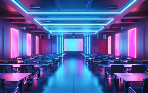 An Animated 3d Model Of A Neon Conference Hall Hosting International