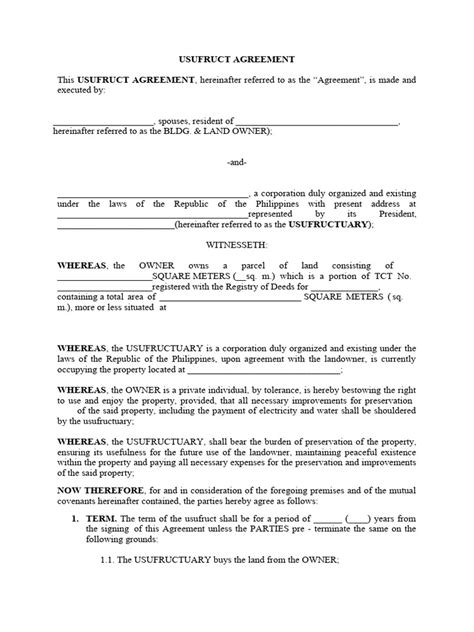 Usufruct Agreement Download Free Pdf Property Environmental Law