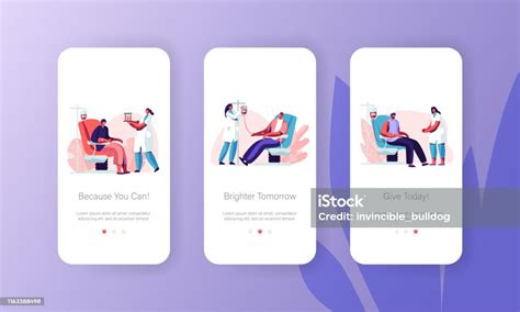 혈액 기부 모바일 앱 페이지 온보드 화면 세트 자원 봉사자 문자는 의료 병원 의자에 앉아 혈액을 기증 웹 사이트 또는 웹 페이지에 대한 클리닉 개념에 기증자 만화 평면 벡터