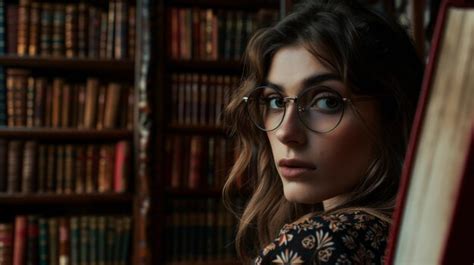 Woman Wearing Glasses Standing In Front Of Bookshelf Premium Ai