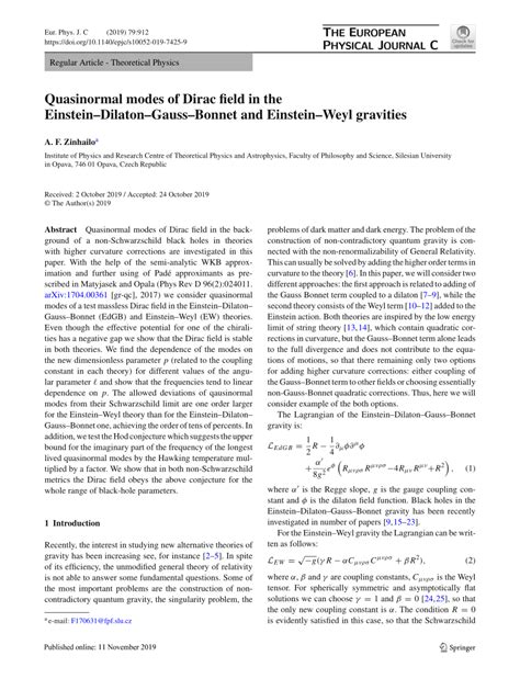 Pdf Quasinormal Modes Of Dirac Field In The Einsteindilatongauss