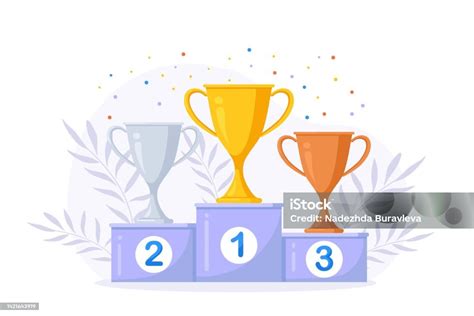 금 은 브론즈 트로피 컵 연단에 잔 1위 2위 3위 수상자상 챔피언상 메달 수상대에 대한 스톡 벡터 아트 및 기타 이미지