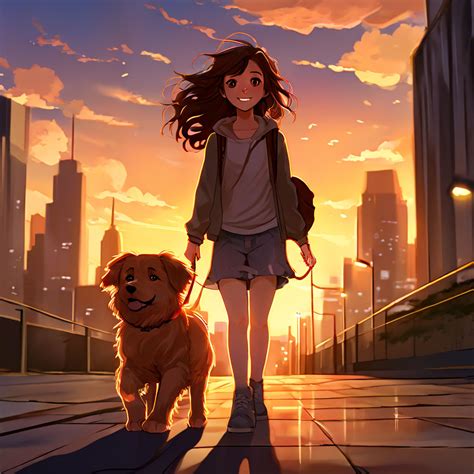 Anime Style Animation Of A Brown Haired Girl Walking Her Sma By