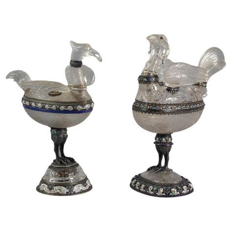 Pair Of Viennese Enameled Silver And Rock Crystal Covered Bird Boxes