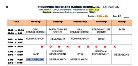 Grade 11 Schedule 1st Semester Pmms Senior High School