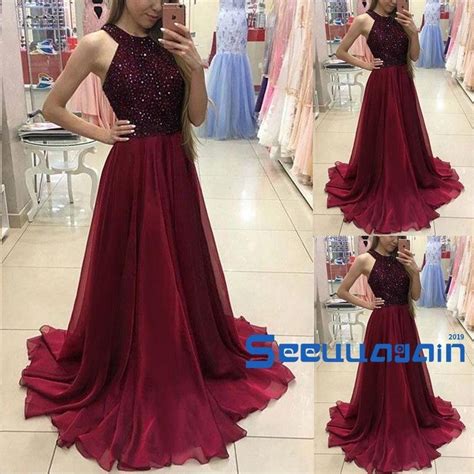 See Women Evening Dress Halter Rhinestone Backless Floor Length Formal