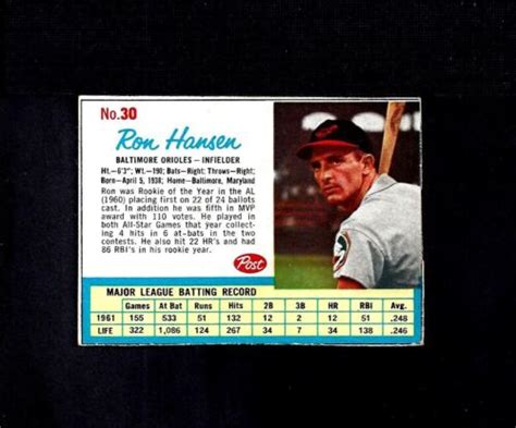 1962 Post 30 Ron Hansen 6 Orioles No Creases Exmt Ebay