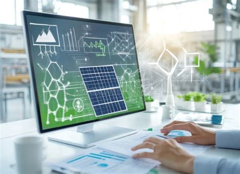 Analyzing Solar Panel Data On Computer For Sustainable Energy Solutions Stock Illustration