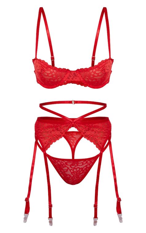 Red Floral Scalloped Edge 3 Piece Lingerie Set Lingerie And Nightwear Prettylittlething
