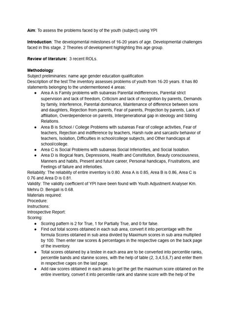 Youth Problem Inventory 1 Download Free Pdf Percentile Behavioural Sciences