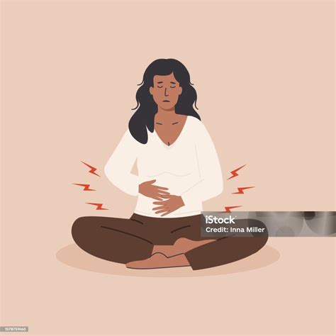 생리통 복부 경련이나 Pms 증상이 있는 젊은 갈색 여성 월경 주기 동안 위장에 불편함을 느끼는 여성 캐릭터 벡터 플랫