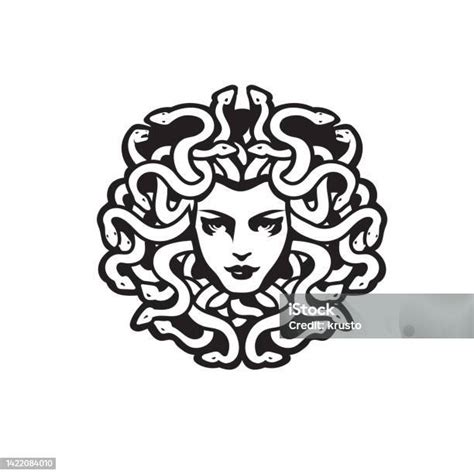 Vektor Hitam Putih Medusa Gorgon Woman Head Dengan Ilustrasi Ular