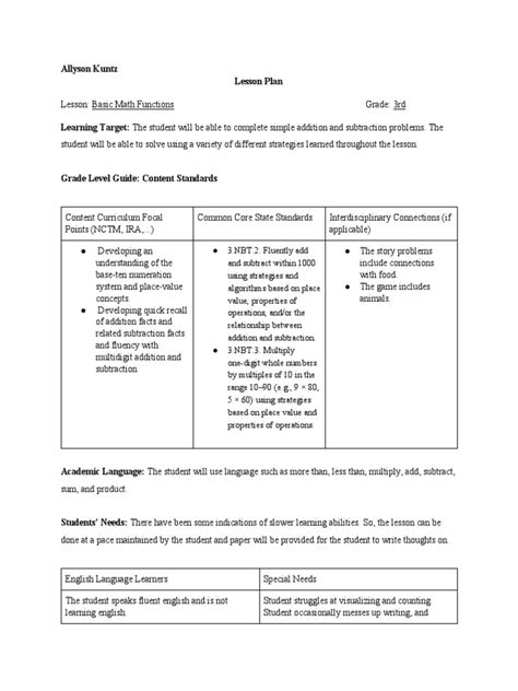 Basic Math Functions Lesson Plan Pdf Educational Assessment Question