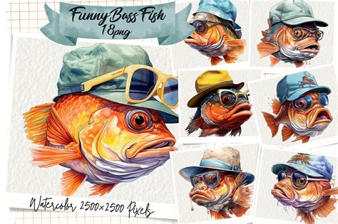 Funny Bass Fish Watercolor Saltwater Fish Clipart Bass Fish Etsy