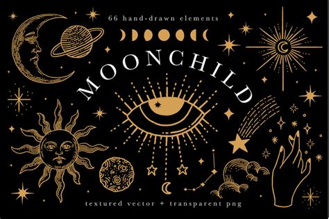 Celestial Illustration Set Sun Moon Stars Space By Rough Edges Supply Thehungryjpeg