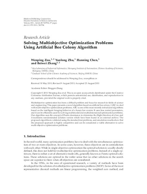 Pdf Solving Multiobjective Optimization Problems Using Artificial Bee Colony Algorithm