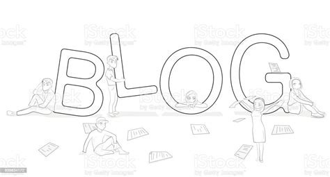 젊은 사람들의 팀 블로그 큰 단어 근처 작동합니다 통신 및 다양 한 주제의 토론의 개념 벡터 일러스트 레이 션 개념에 대한 스톡