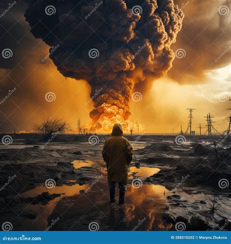 A Man Stands In A Chemical Protection Suit Against The Backdrop Of A Nuclear Explosion Day And