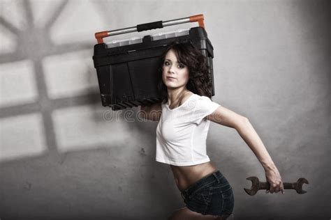 Girl Holding Toolbox And Wrench Spanner Stock Image Image Of Worker Strong 95803275