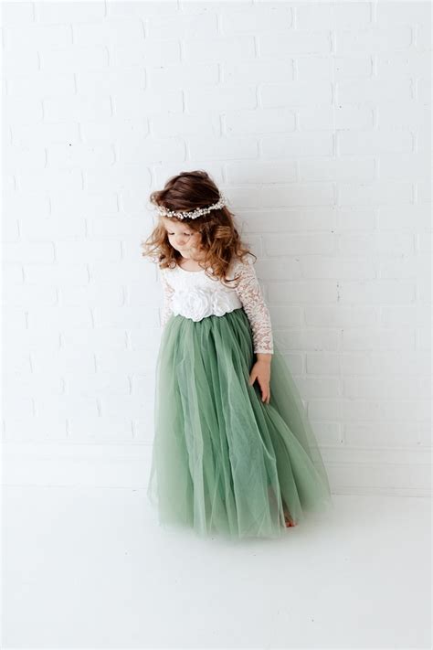 White Lace Flower Girl Dress Sage Green Long Sleeve Wedding Etsy