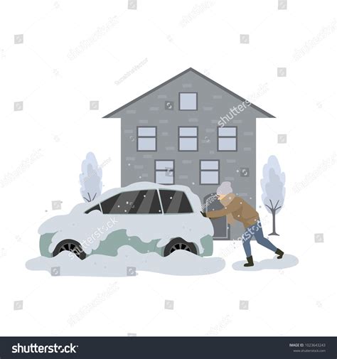 Man Pushes Stuck Snow Ice Car Stock Vector Royalty Free 1023643243
