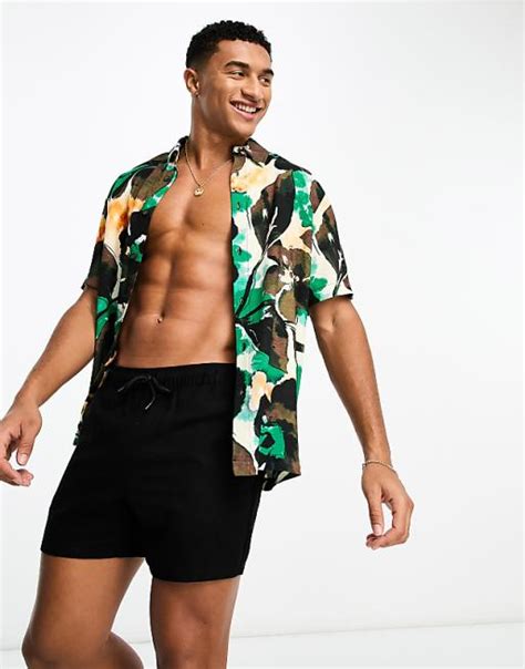 River Island Short Sleeve Floral Printed Shirt In Green Asos