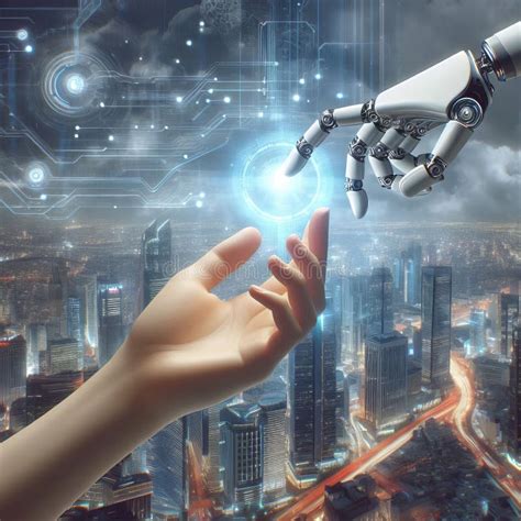 Human And Robotic Hand Interaction Over Urban Skyline Stock Image Image Of Technology