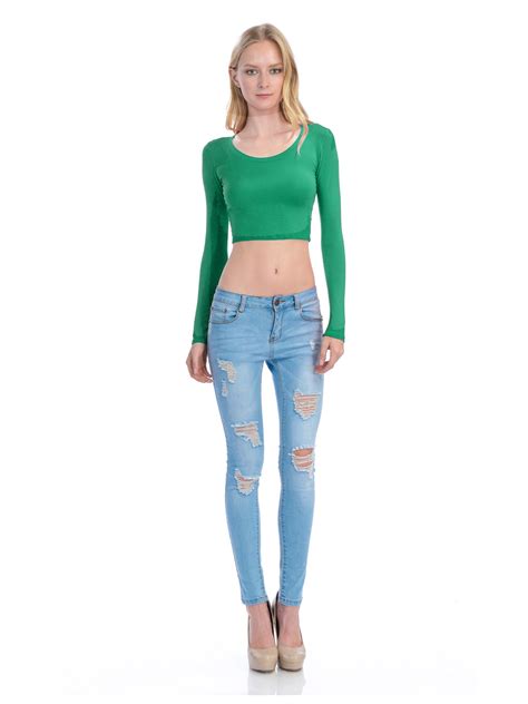 Long Sleeve Basic Crop Top Round Neck With Stretch Kogmo
