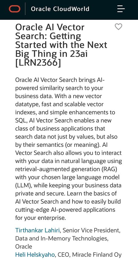 Heli Helskyaho On Linkedin Oracle Aivectorsearch 23ai Ocw