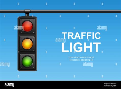 Vector Banner With 3d Realistic Detailed Road Traffic Lights On Blu Sky