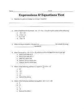 Expressions Equations Test By Mrs Williams TPT