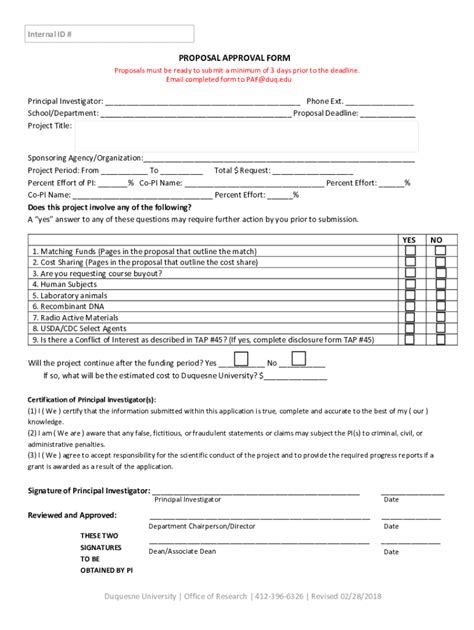 Fillable Online Proposal Approval Form Duquesne University Fax Email