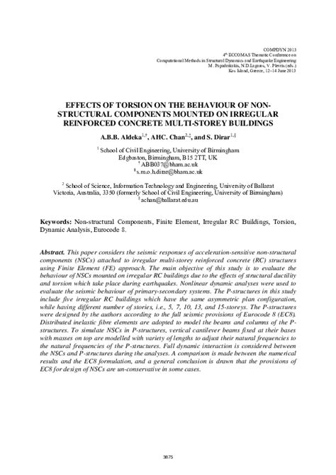 Pdf Effects Of Torsion On The Behaviour Of Non Structural Components Mounted On Irregular