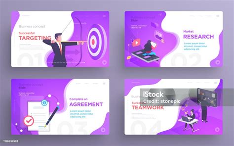 웹 사이트 또는 앱에 대한 프레젠테이션 슬라이드 템플릿 또는 영웅 배너 이미지입니다 비즈니스 컨셉 일러스트레이션 모던 플랫 스타일 프리젠테이션 연설에 대한 스톡 벡터 아트