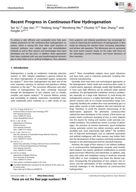 Pdf Recent Progress In Continuous‐flow Hydrogenation