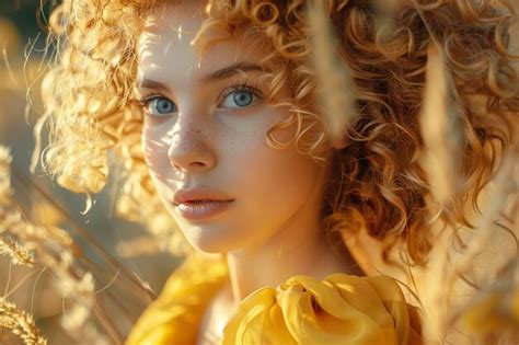 A Portrait Of A Charming Young Girl With Curly Fair Hair Premium Ai