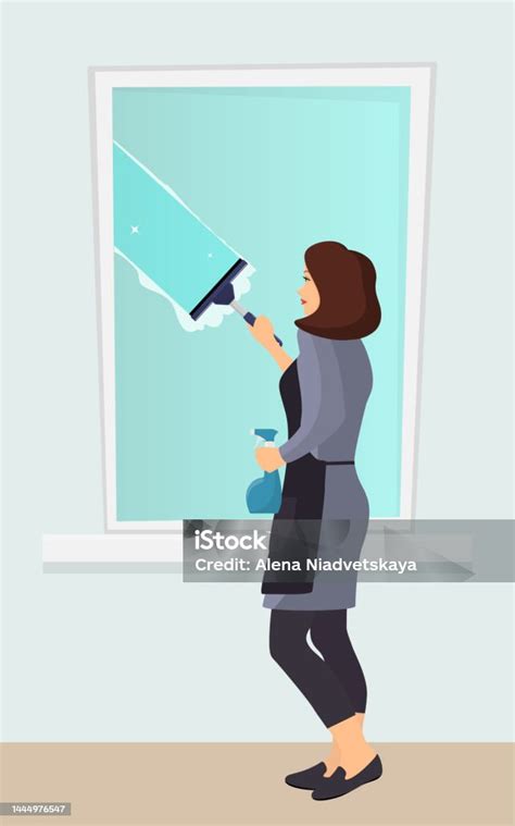 스크레이퍼로 창문을 닦는 여자 창문 청소 스크레이퍼가 유리 위로 미끄러져 깨끗해집니다 손에 유리 세정제를 뿌립니다 벡터 그림입니다 가사 집안일에 대한 스톡 벡터 아트 및