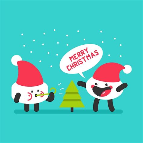 크리스마스 트리 만화 일러스트 배경에 고립 된 산타 모자 문자 프리미엄 벡터