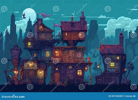 Pixel Art Game Background Illustration In A Flat Style Ai Stock Image