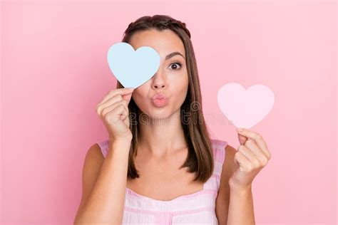 Photo Of Young Lovely Lady Close Eye Paper Heart Pouted Lips Send Air