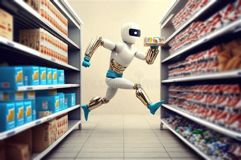 Robot Thief In Action Quickly Moving Between Different Shelves In