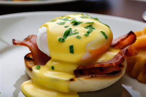 Premium Ai Image Mouthwatering Closeup Of Eggs Benedict With Crispy Bacon Fresh Chives