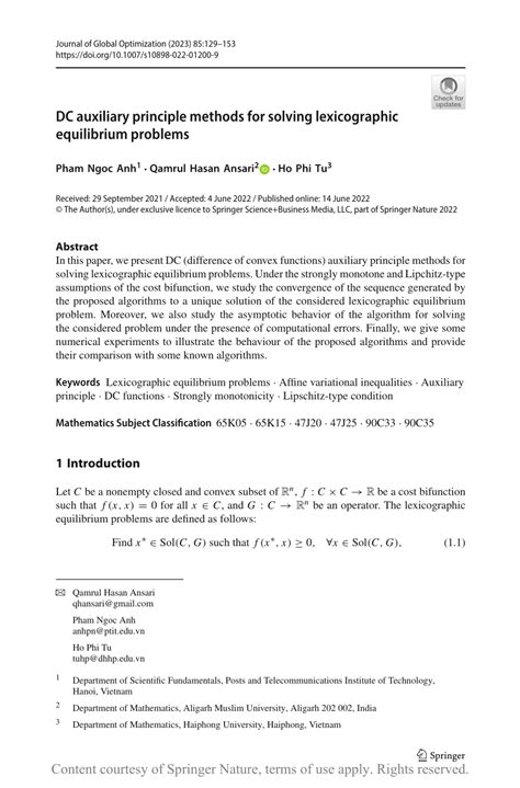Dc Auxiliary Principle Methods For Solving Lexicographic Equilibrium Problems Request Pdf